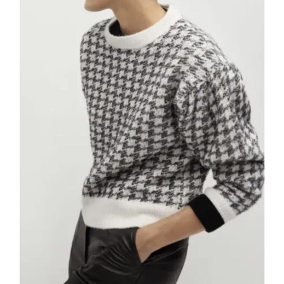 Mango | Sweaters | Nwot Mango Houndstooth Wool Sweater Large Metallic Black Boxy Puff Sleeve ...